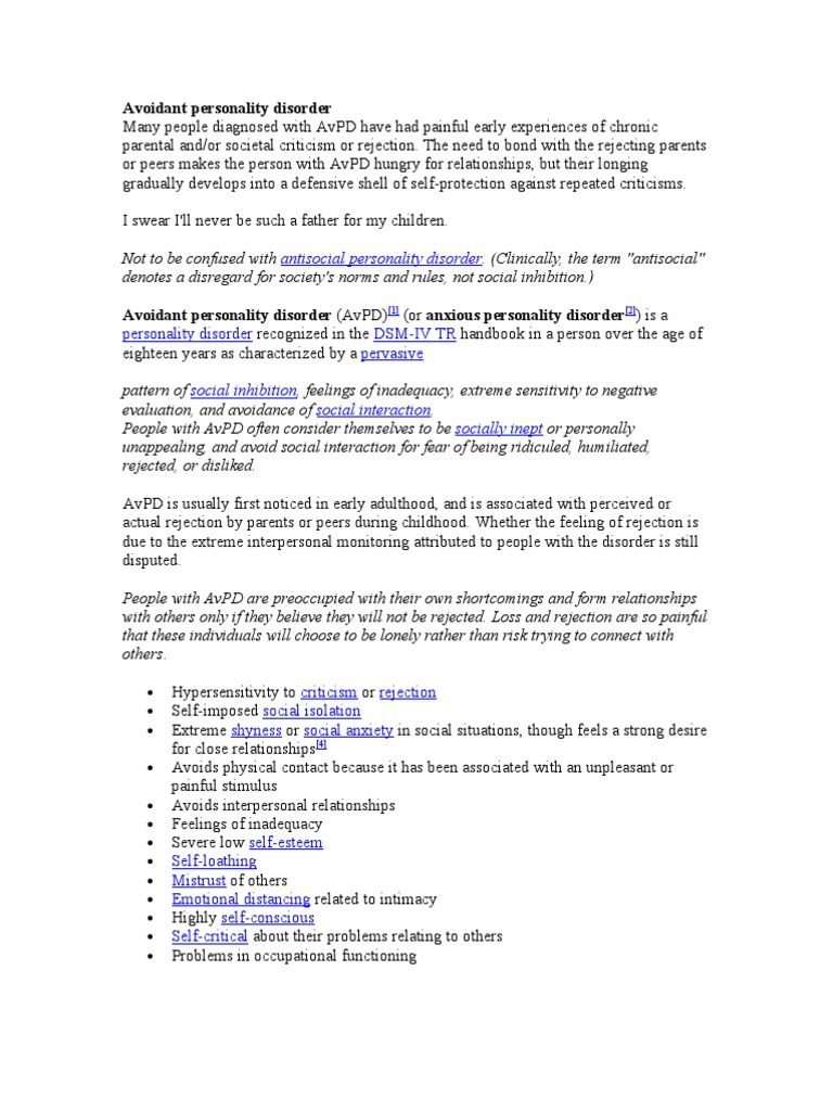 Avoidant Personality Disorder | PDF | Social Anxiety Disorder ...