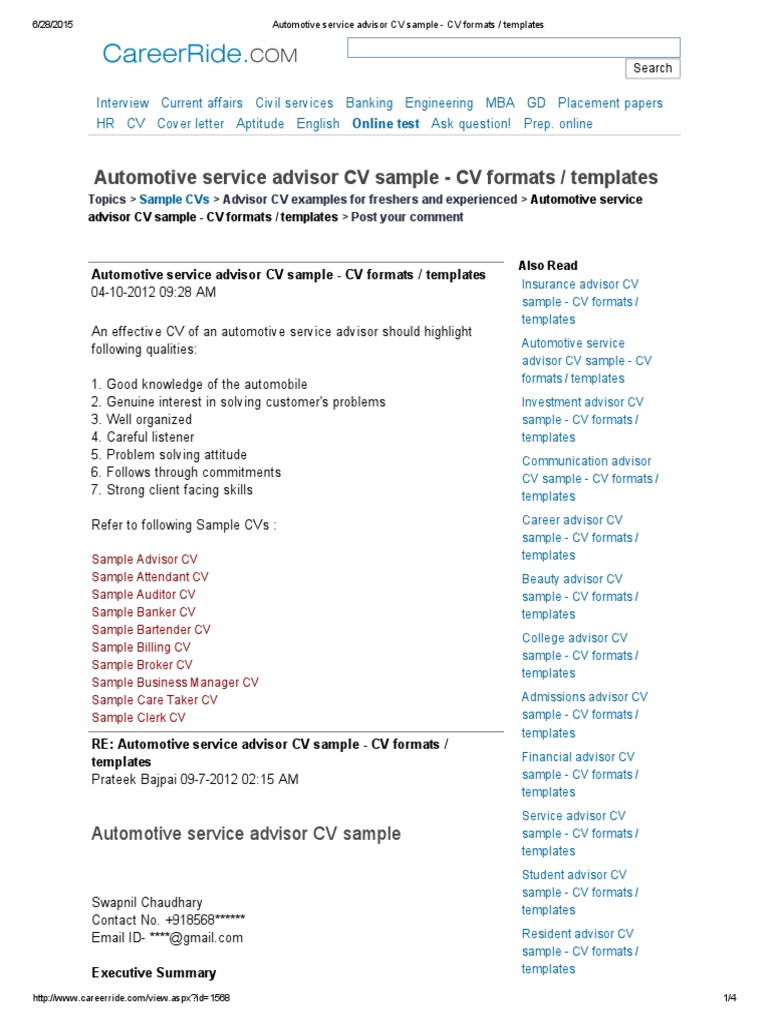 Automotive Service Advisor CV Sample - CV Formats - Templates | PDF ...