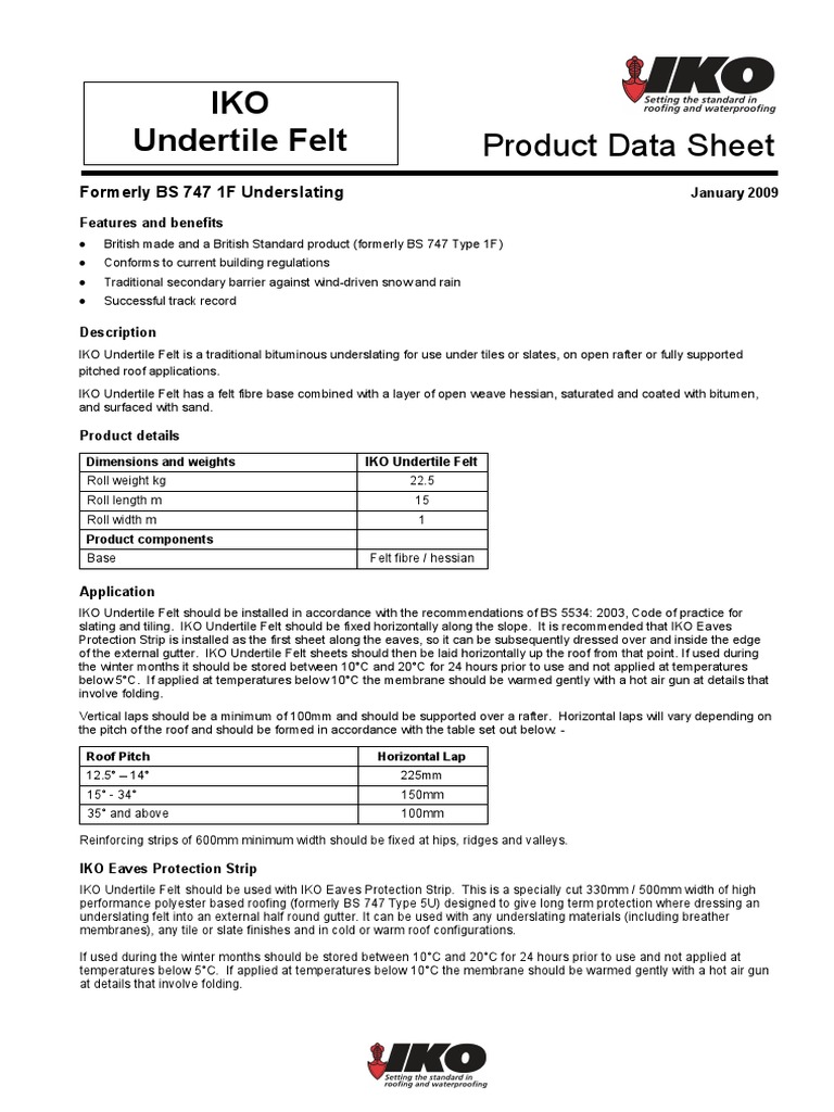 IKO Undertile Felt Product Data Sheet | PDF | Roof | Civil Engineering