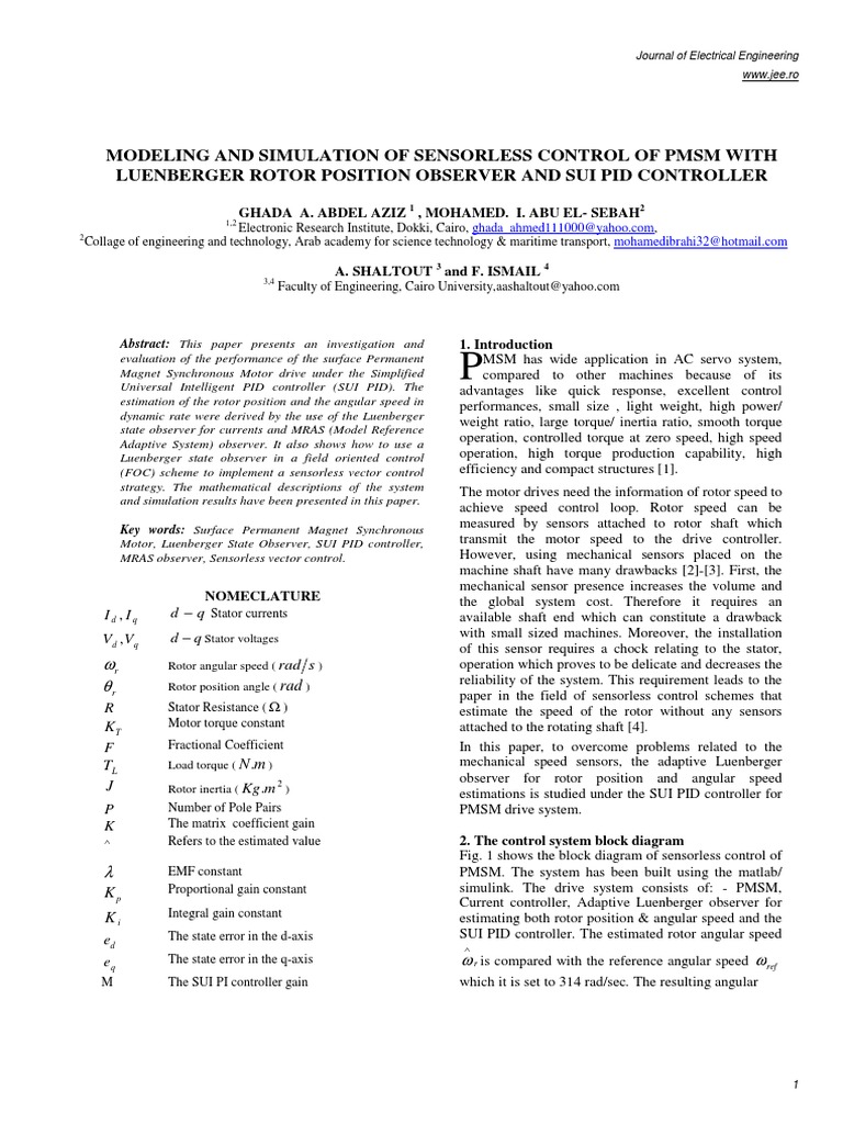 Modeling and Simulation of Sensorless Control of PMSM With Luenberger Rotor Position Observer ...