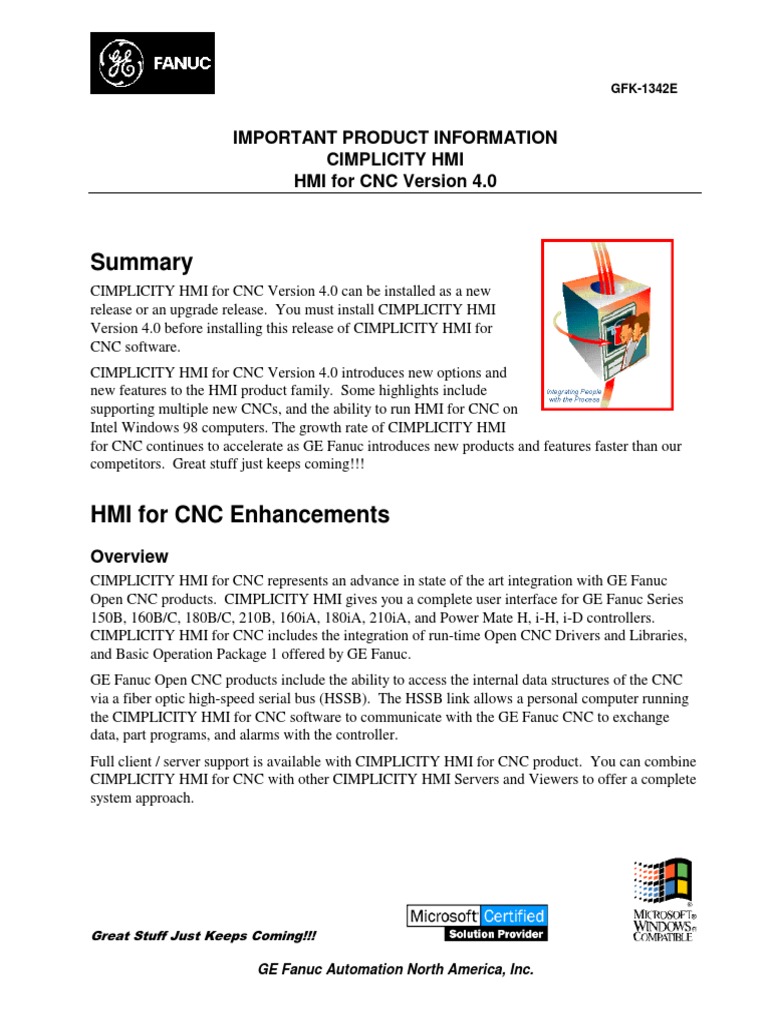 Gfk1342e - Important Product Information Cimplicity Hmi For CNC Version 4.0 | PDF | Personal ...