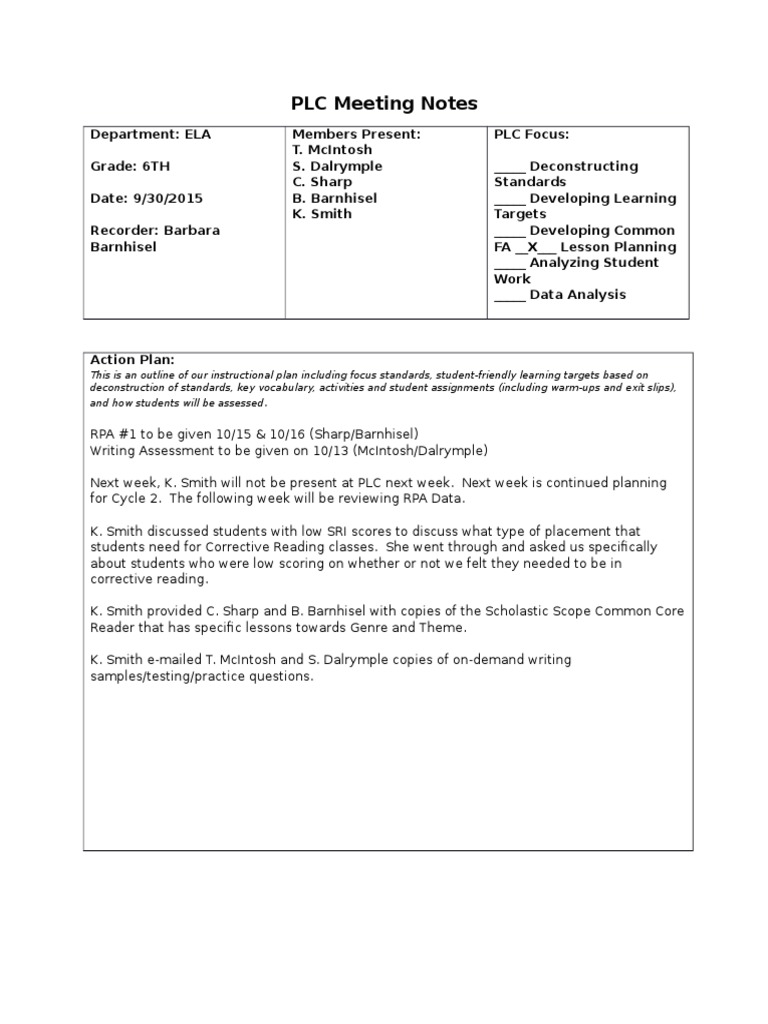 PLC Meeting Notes Template 9-30-2015 | PDF | Common Core State ...