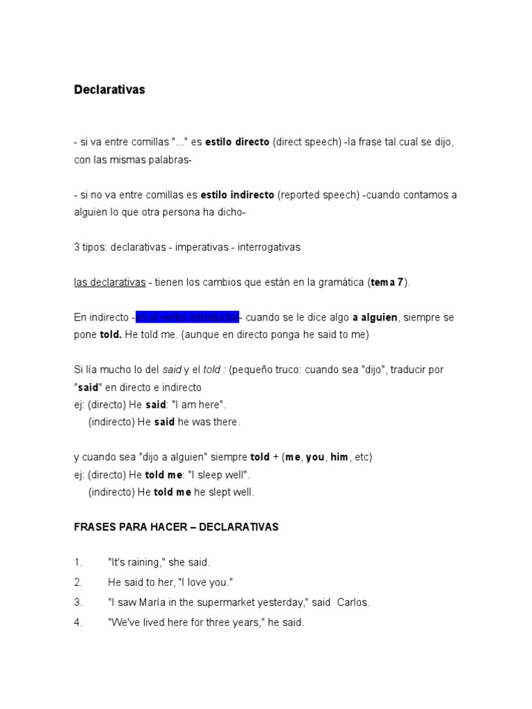 Declarativas: Frases para Hacer - Declarativas | PDF
