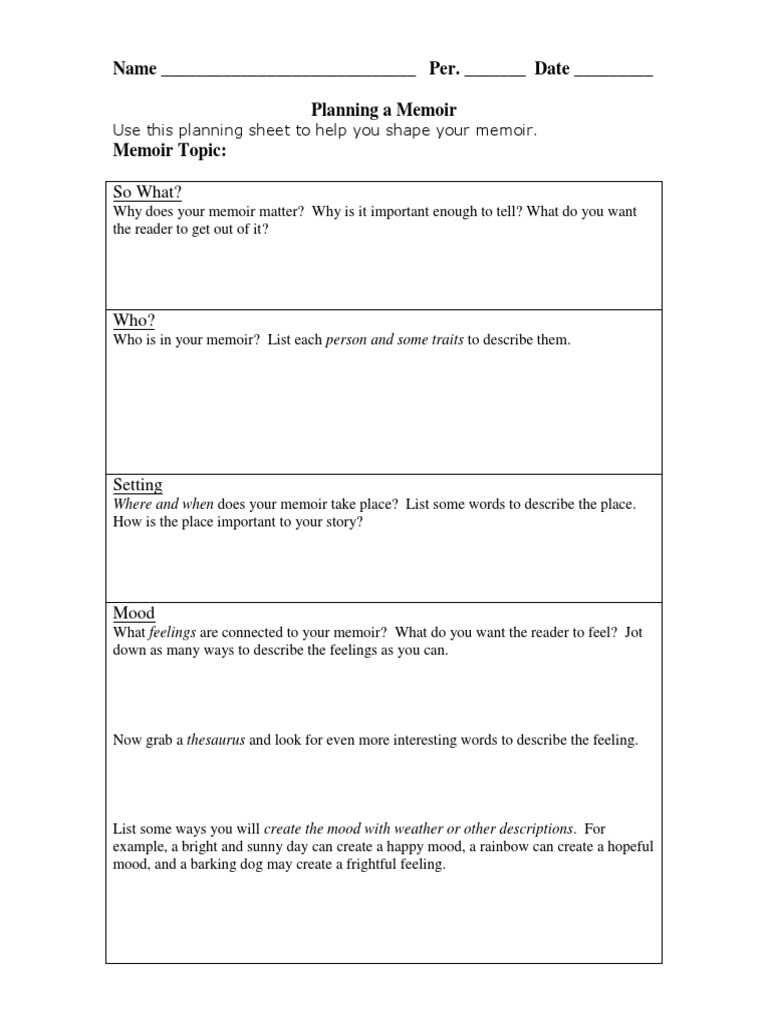 Memoir Planning Sheet | PDF