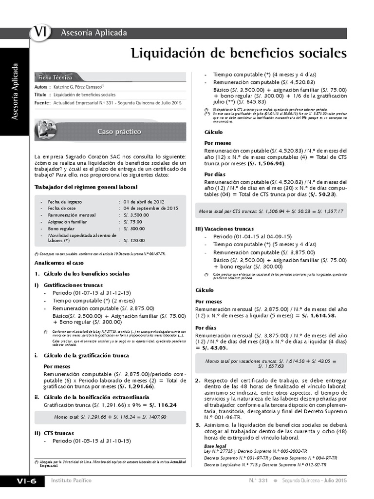Liquidación de Beneficios Sociales [CASO PRÁCTICO] | PDF | Salario | Liquidación