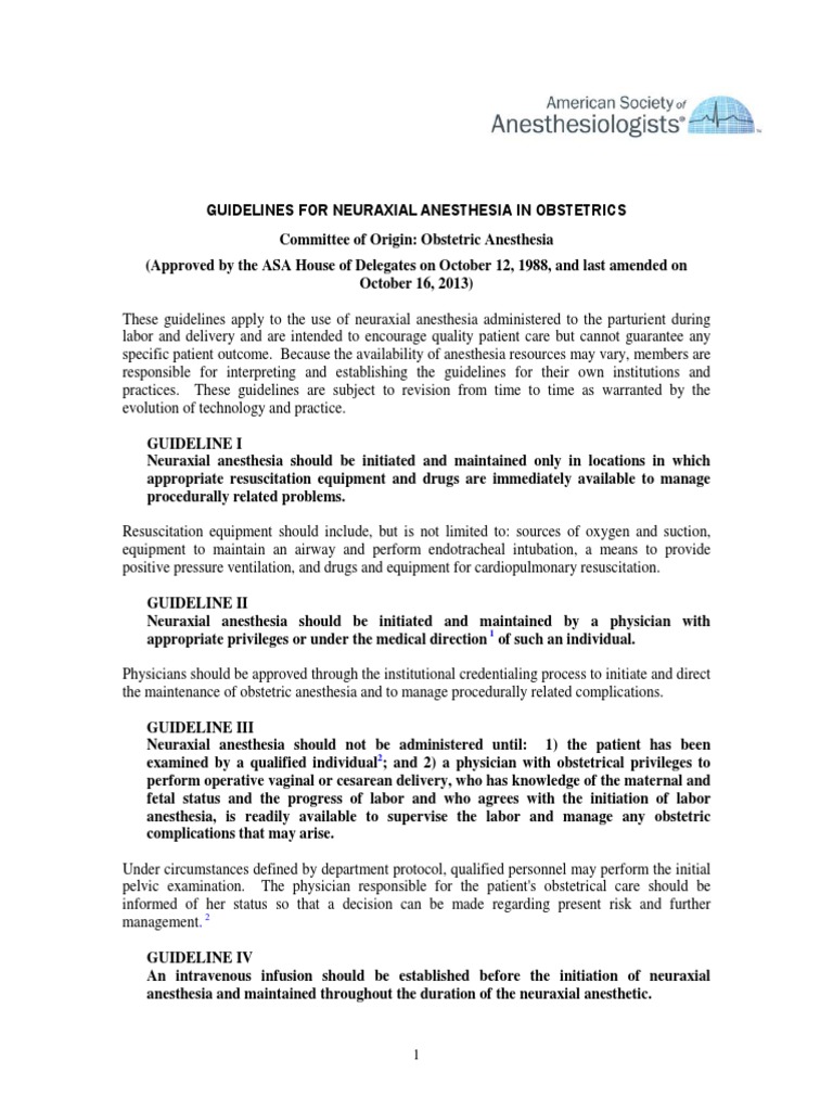 Guidelines For Neuraxial Anesthesia in Obstetrics | PDF | Childbirth ...