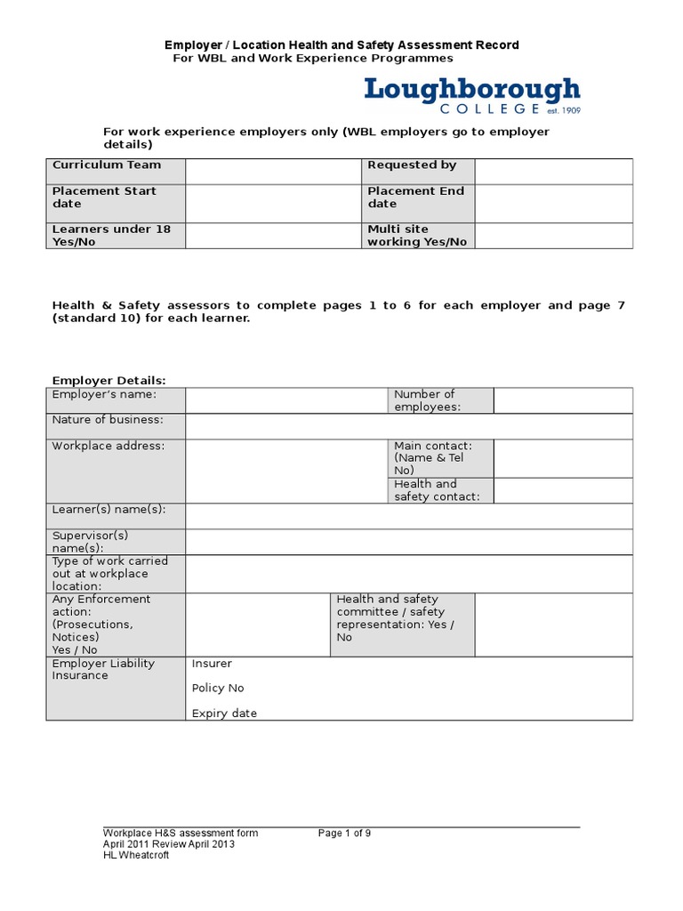 Workplace Health and Safety Assessment Form | Occupational Safety And ...