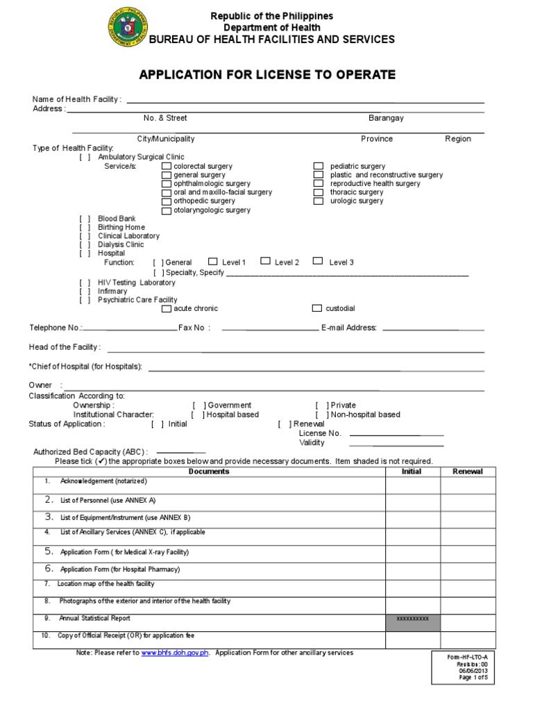 DOH License to Operate Application Form | PDF | Surgery | Clinic