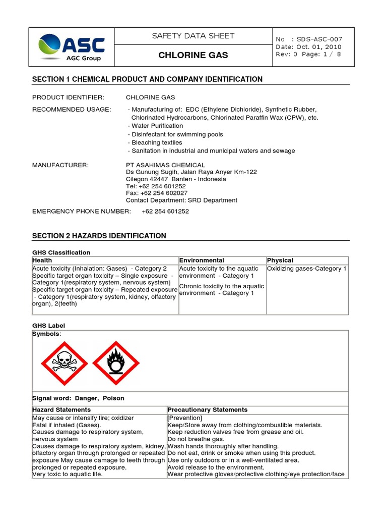 07 SDS Cl2 | Download Free PDF | Dangerous Goods | Personal Protective ...