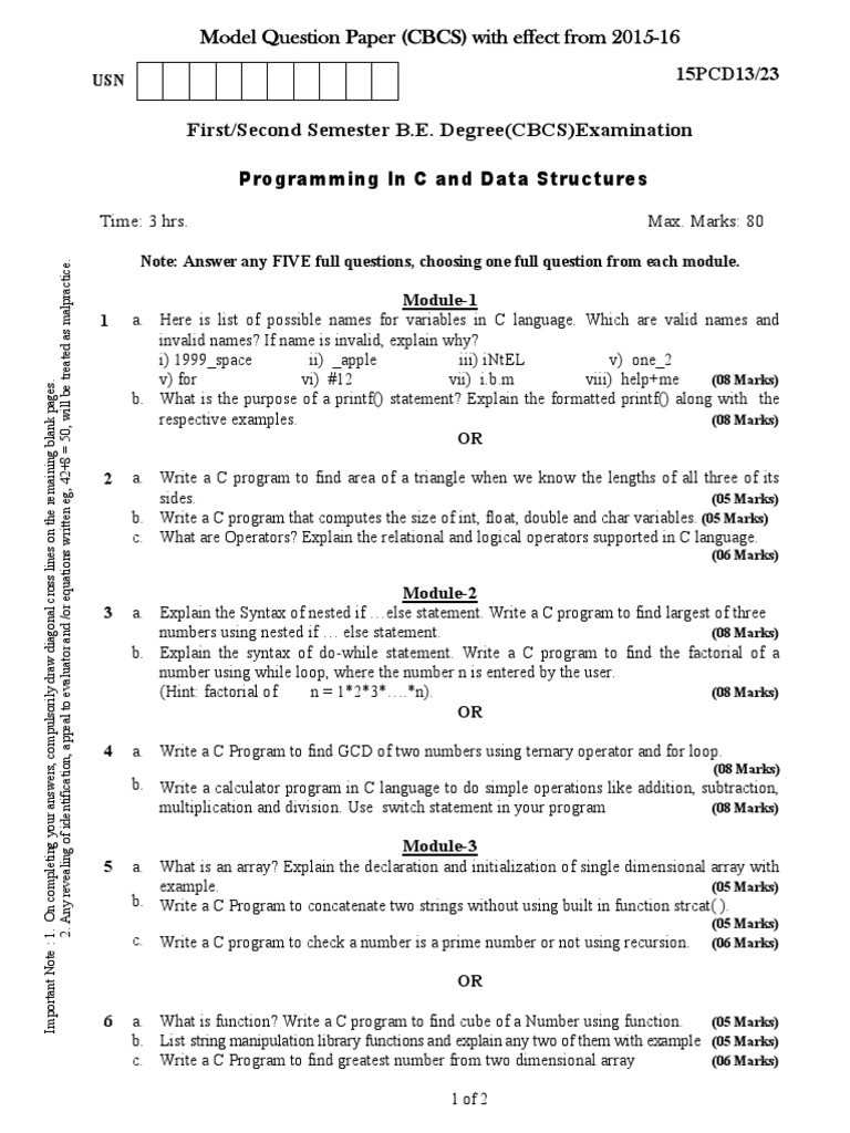 Pcd Cbcs Vtu Question Paper C Programming Language Pointer Computer Programming