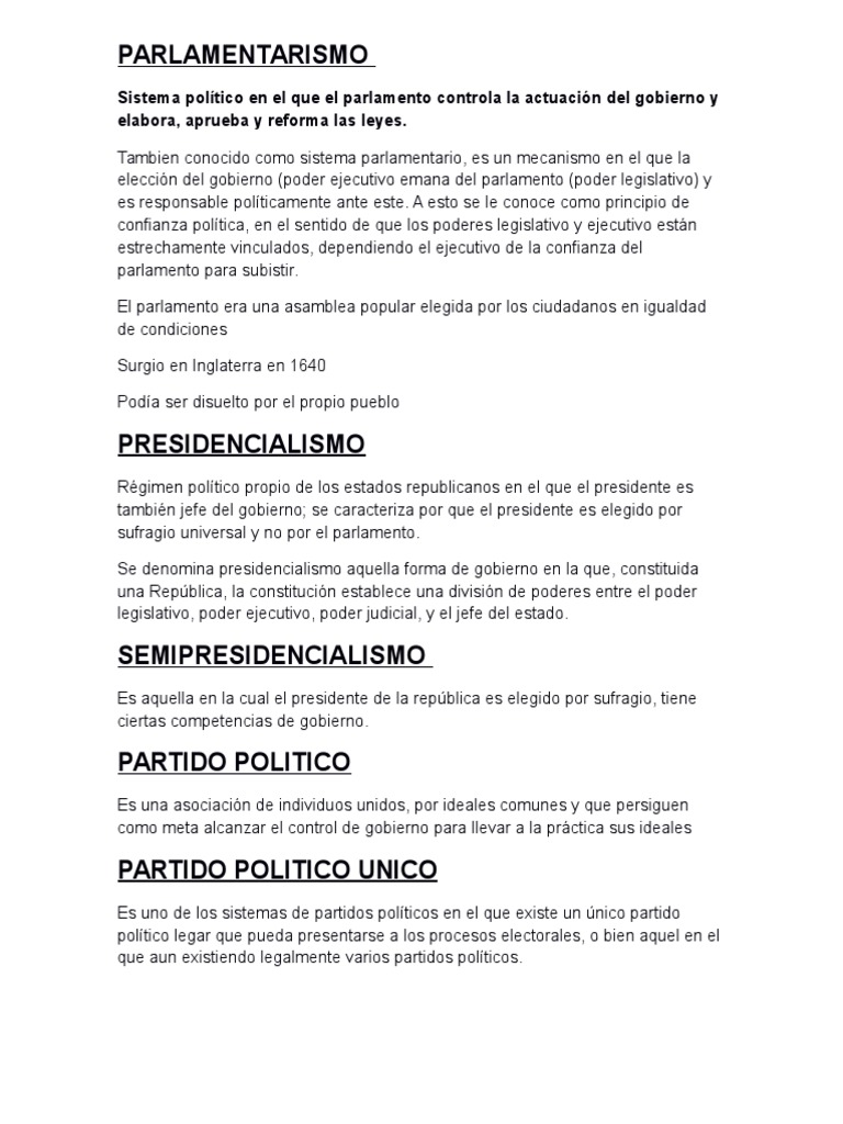 Parlamentarismo y Presidencialismo | PDF | Sistema parlamentario ...