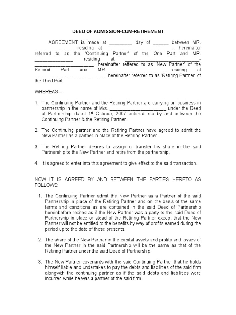 Deed of Admission Cum Retirement | PDF | Partnership | Social Institutions