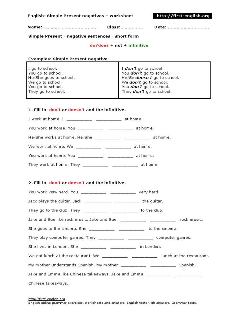 Simple Present Negative Worksheet | PDF