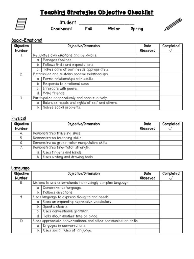 TeachingStrategiesObjectiveChecklist PDF | PDF | Emotions | Knowledge