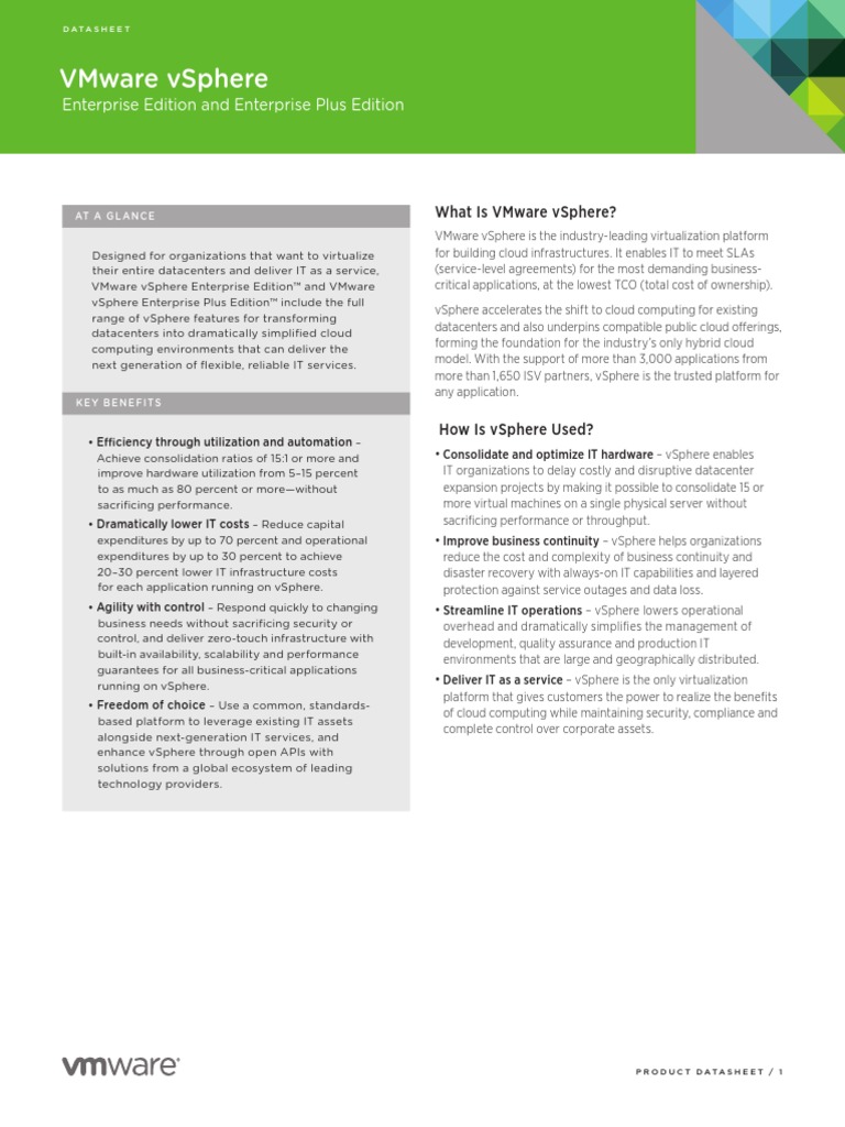 VMware VSphere Enterprise DataSheet DS en | PDF | Cloud Computing | V Mware