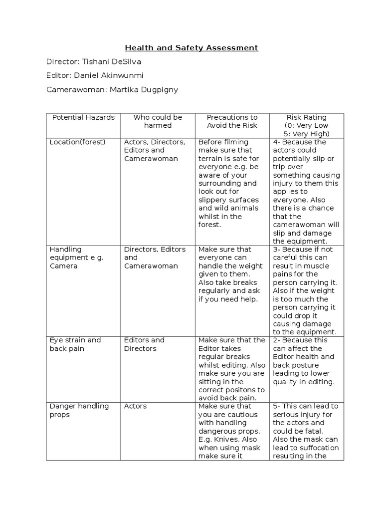 Potential Hazards Health and Saftey Assement | PDF | Occupational ...