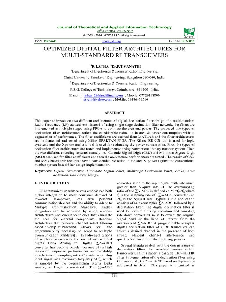Optimized Digital Filter Architectures For Multi-Standard RF Transceivers | PDF | Analog To ...