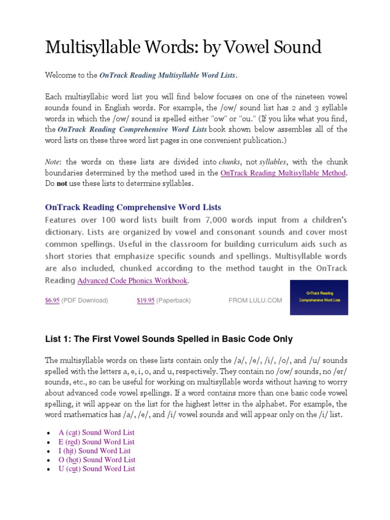 Multisyllable Words - by Vowel Sound | PDF | Phonics | Syllable