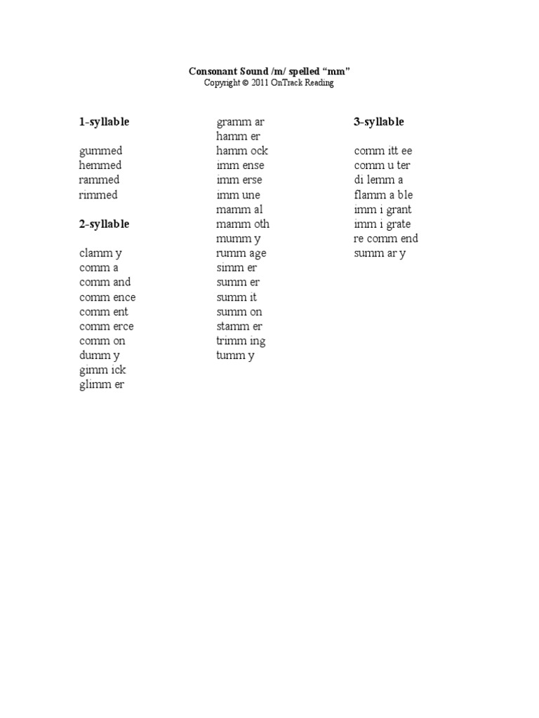 1-Syllable 3-Syllable: Consonant Sound /M/ Spelled "MM" | PDF