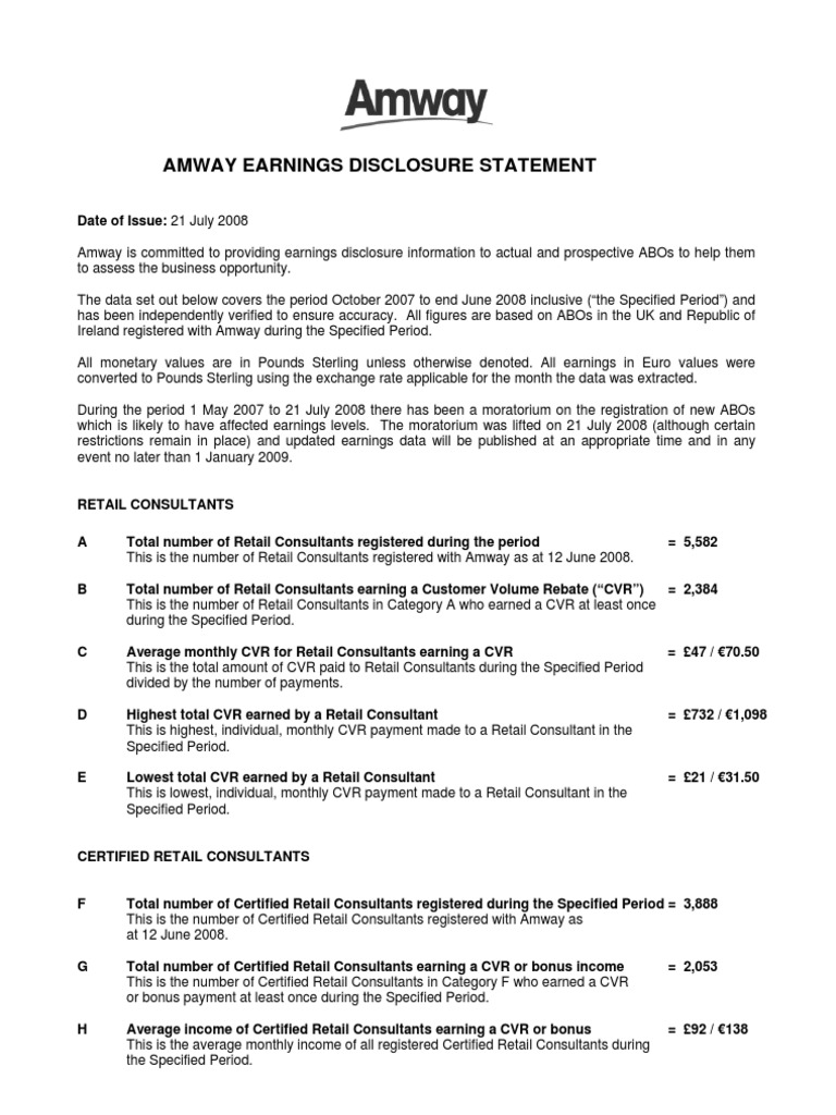 Amway UK Income Disclosure 2008 | PDF | Pound Sterling | Economies