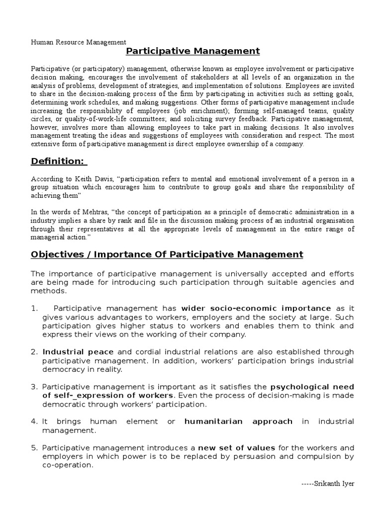 Participative Management | PDF | Employment | Decision Making