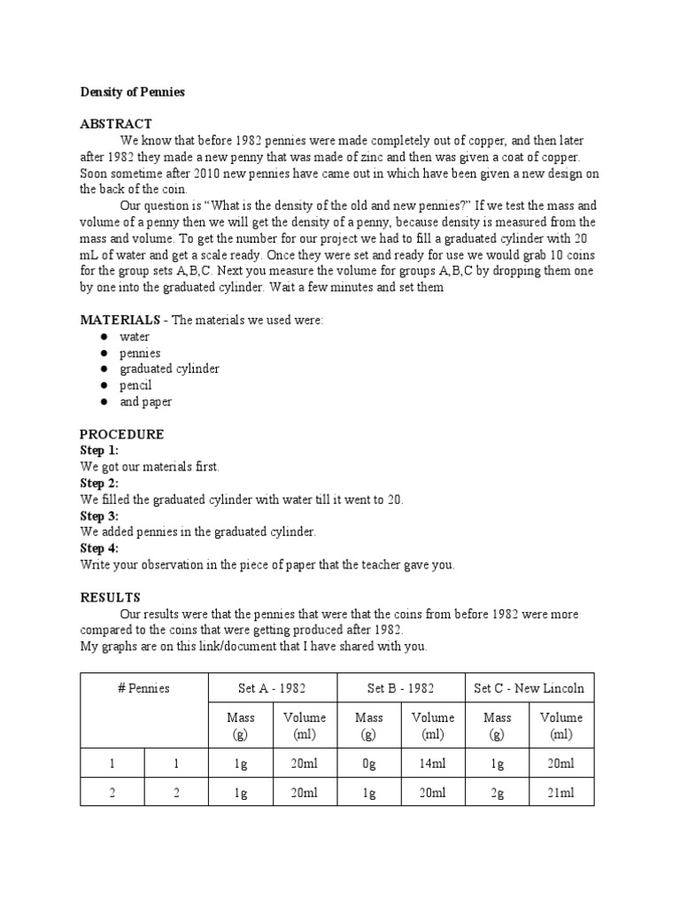 Density Comparison of Old vs. New Pennies | PDF | Lifestyle