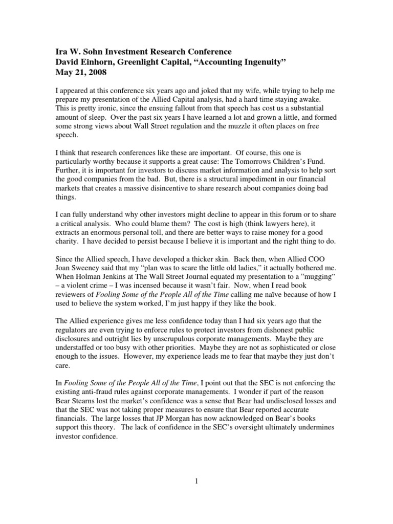 Einhorn Speech Ira Sohn Conf-5-21-08 | PDF