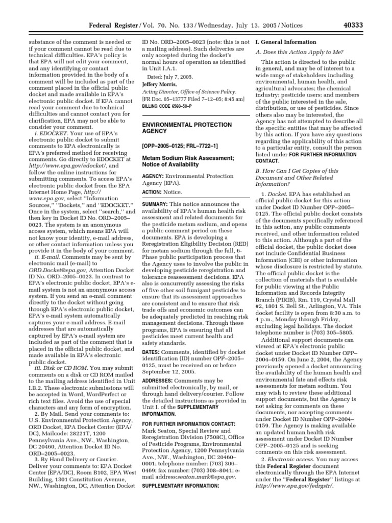 Notice: Air Pollutants, Hazardous National Emission Standards: Metam Sodium | PDF | United ...