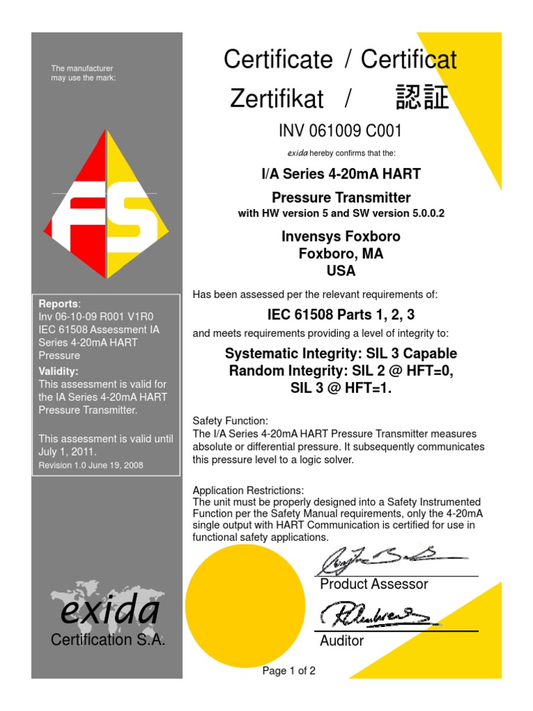 Certificado Exida | PDF