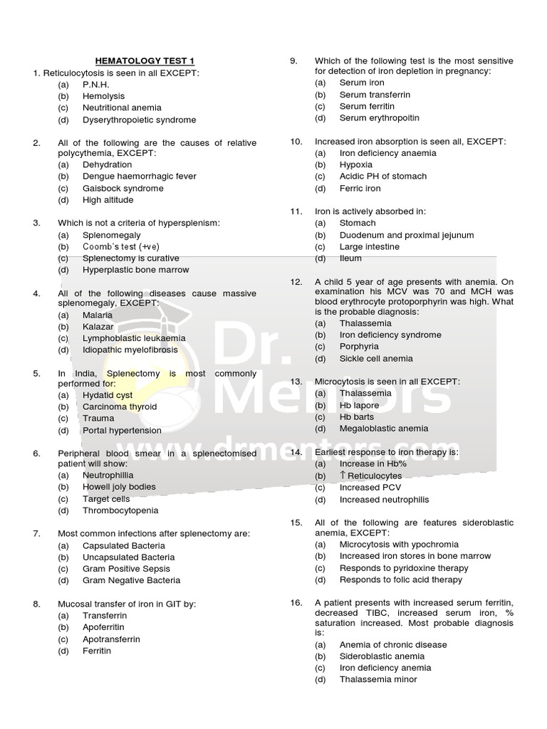 2 Medicine MCQs - Hemaology | PDF | Anemia | Leukemia