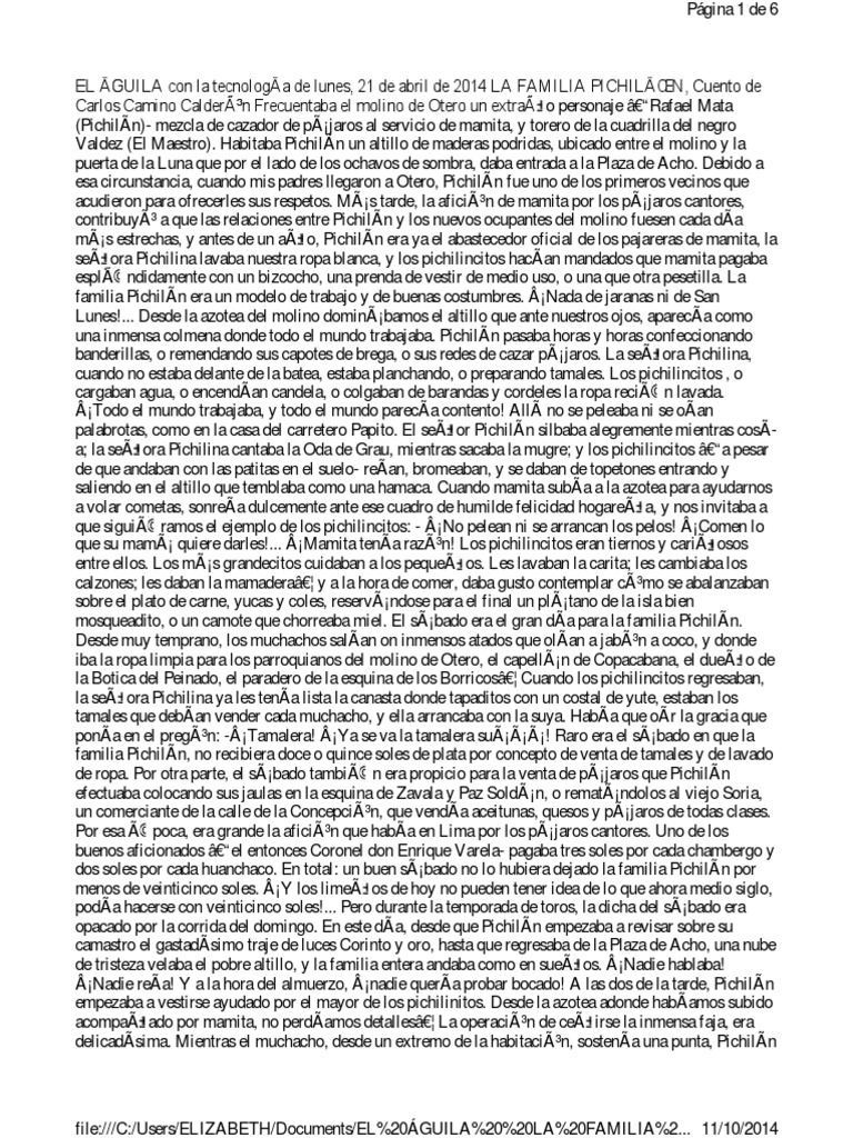 El Águila La Familia Pichilìn, Cuento de Carlos Camino Calderón | PDF ...