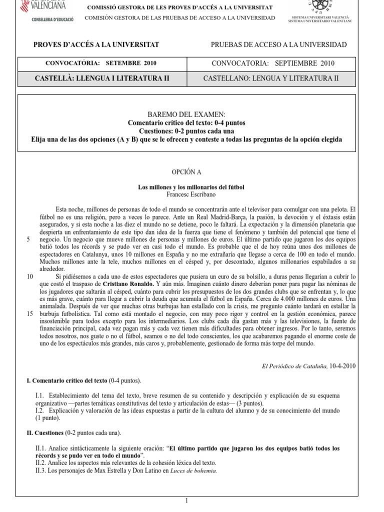 Examen Castellano PAU 2010 Septiembre | PDF
