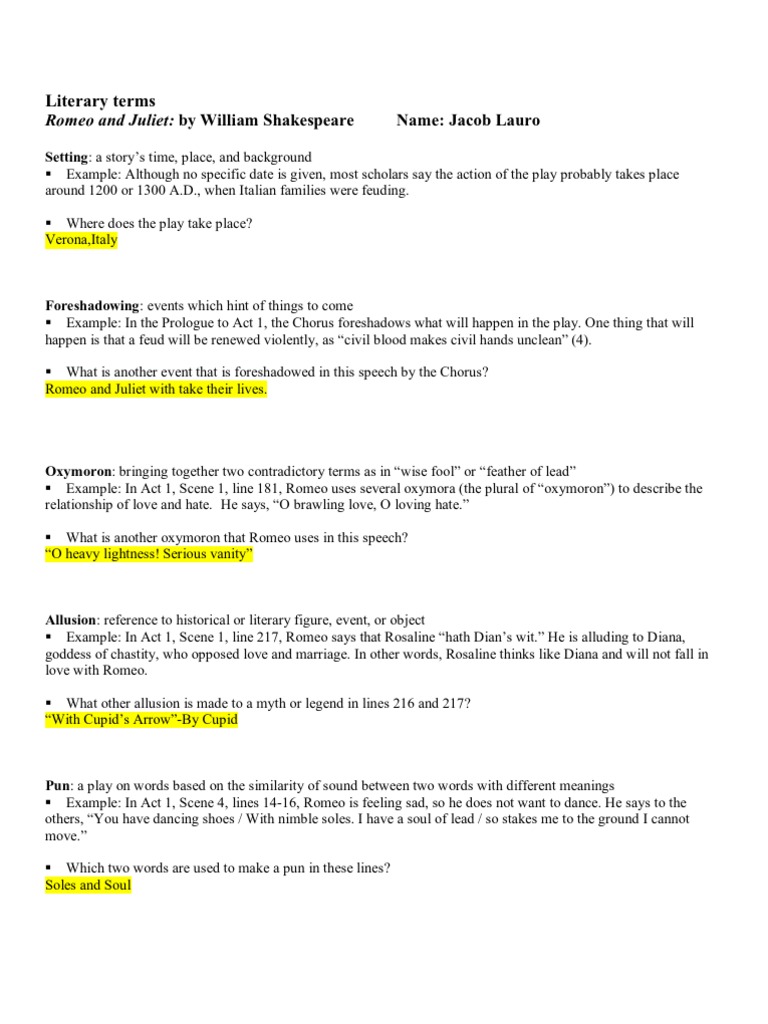 Literary Terms Romeo and Juliet: by William | PDF | Characters In Romeo ...