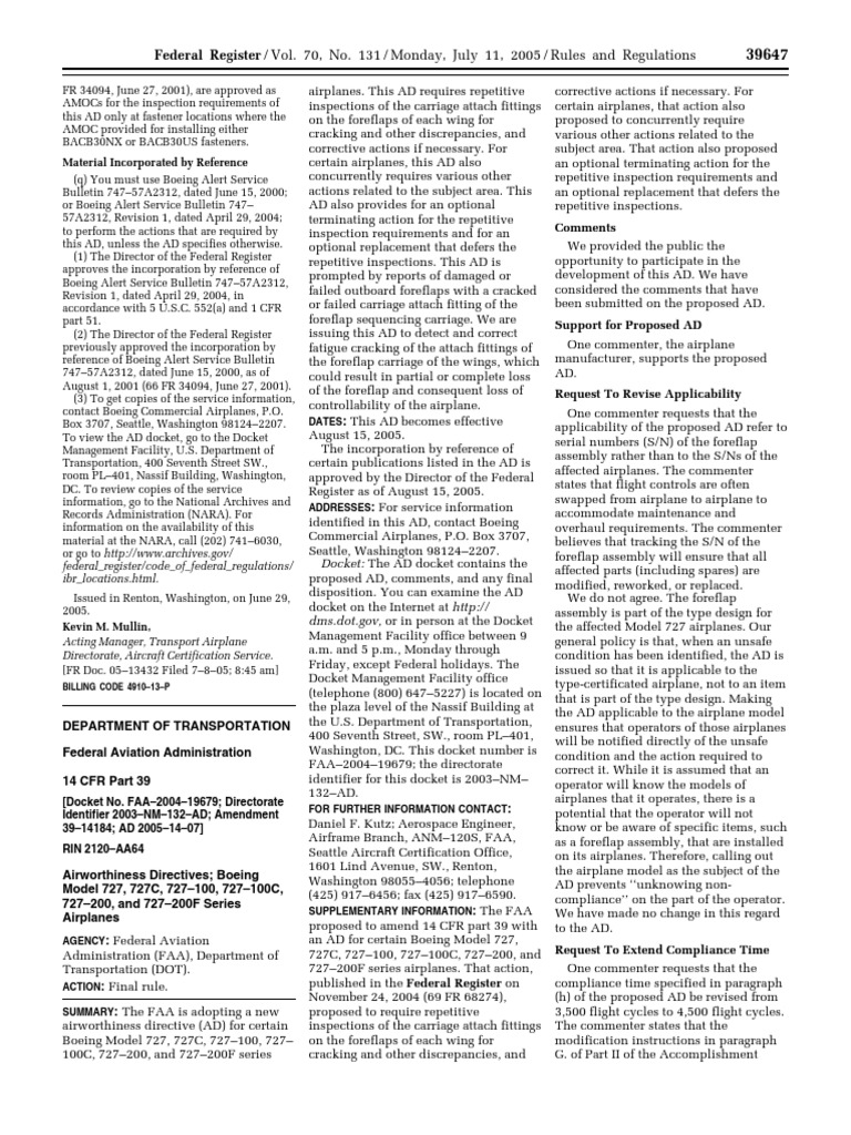 Boeing 727 Airworthiness Directive 2005 | PDF | Federal Aviation ...