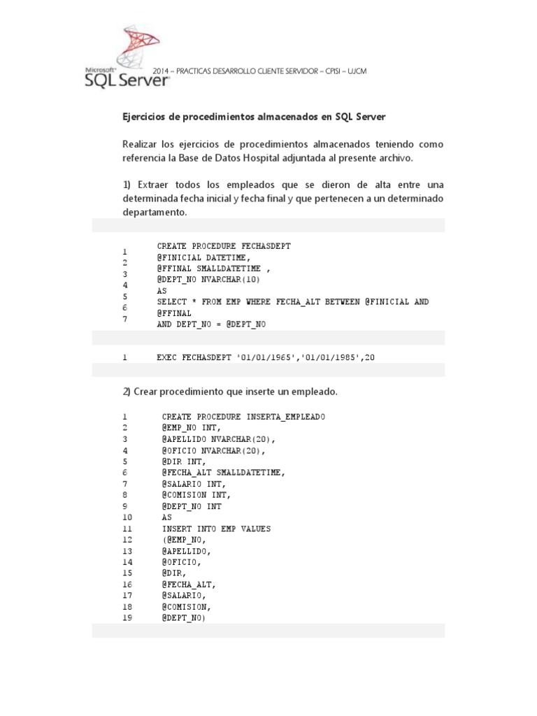 Ejercicios de Procedimientos Almacenados en SQL Server | PDF | Servidor SQL de Microsoft | SQL