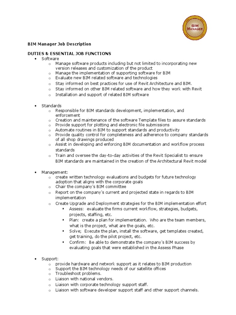 BIM Manager Job Description and Duties | PDF | Building Information ...