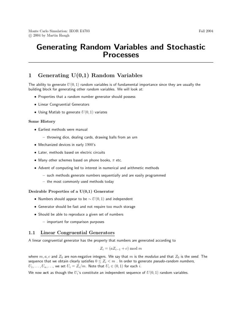 Generating Random Variables - Simulating Methods | PDF | Stochastic Process | Probability ...