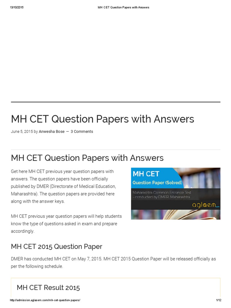 MH CET Question Papers With Answers | PDF | Qualifications | Vocational ...