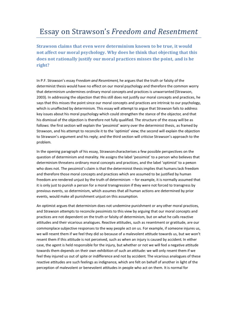 Essay On Strawson's Freedom and Resentment | PDF | Determinism | Morality