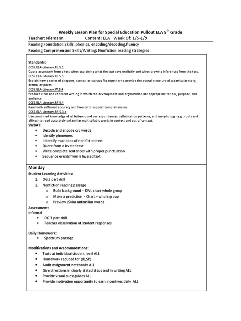 Lesson Plans 5th Grade Sample | PDF | Reading Comprehension | Homework