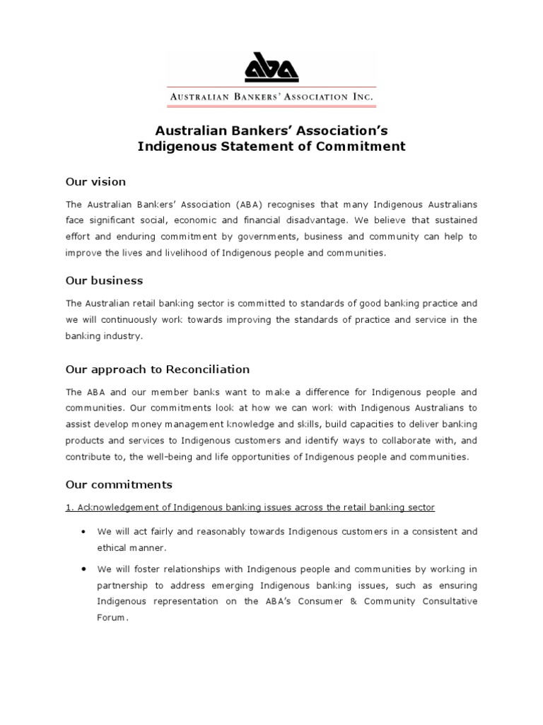 Australian Bankers’ Association’s Indigenous Statement of Commitment
