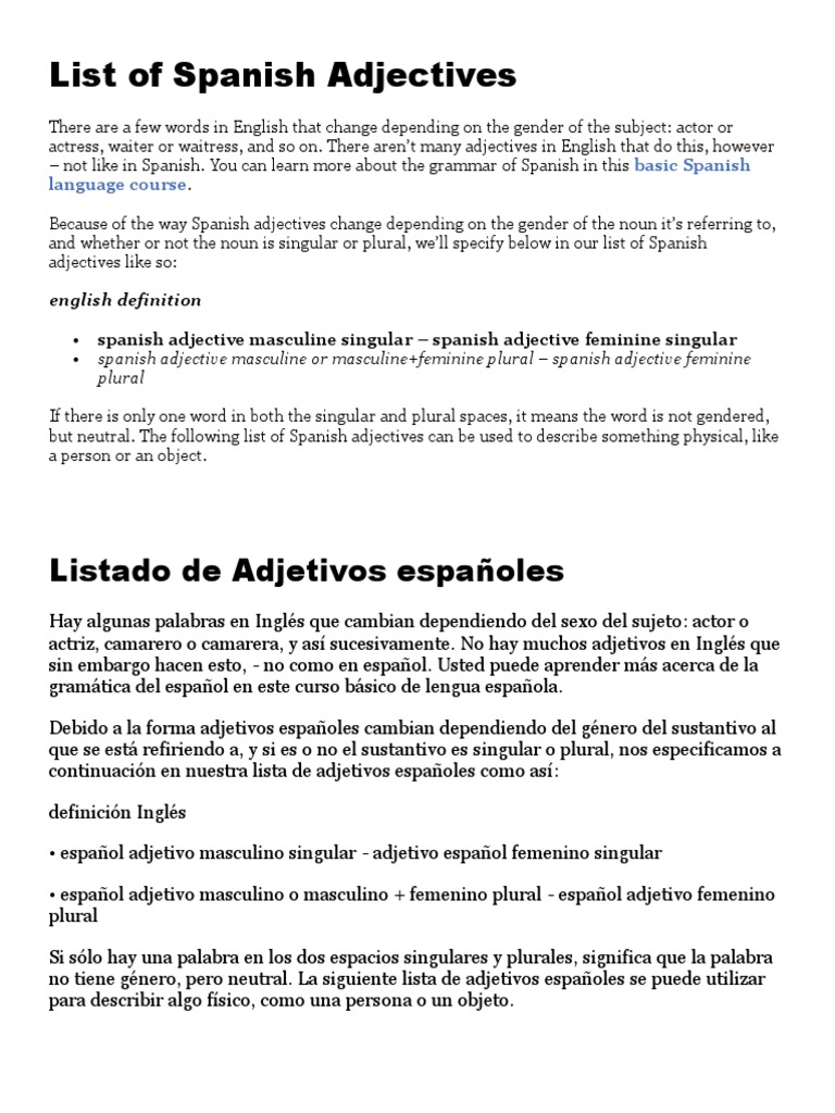 List of Spanish Adjectives | PDF | Género gramatical | Lengua española