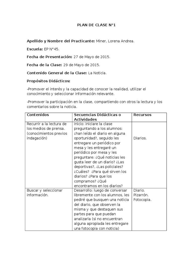 Plan de Clase: La Noticia para Alumnos | PDF