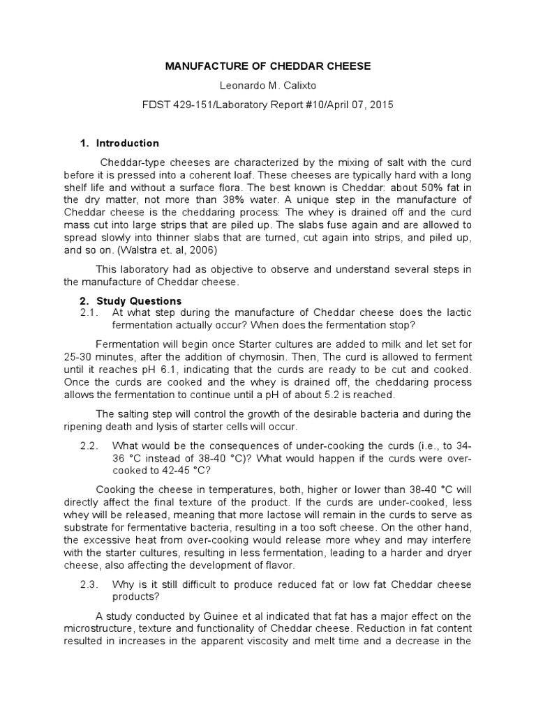 Lab Report - Manufacture of Cheddar Cheese | PDF | Cheese | Dairy Products