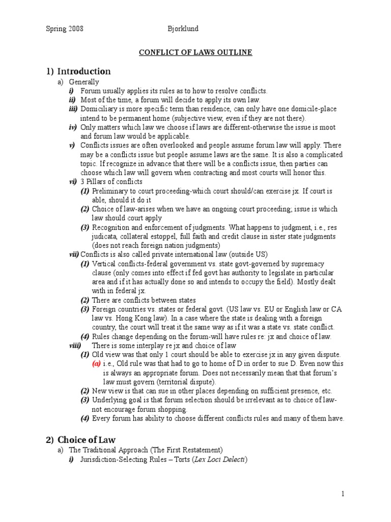 Conflict of Laws Outline | PDF | Choice Of Law | Tort
