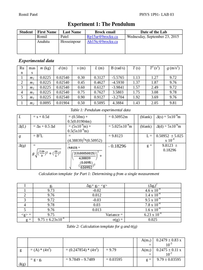 Romil Patel Lab 3-1 Simple Pendulum Report | PDF | Accuracy And Precision | Experiment