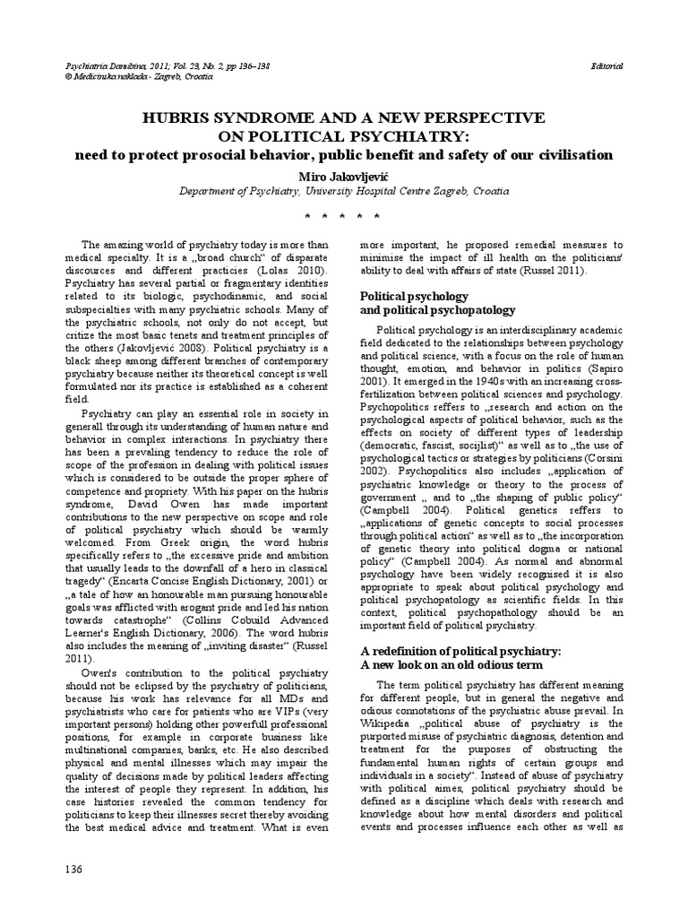 Hubris Syndrome and a New Perspective | Psychiatry | Mental Disorder