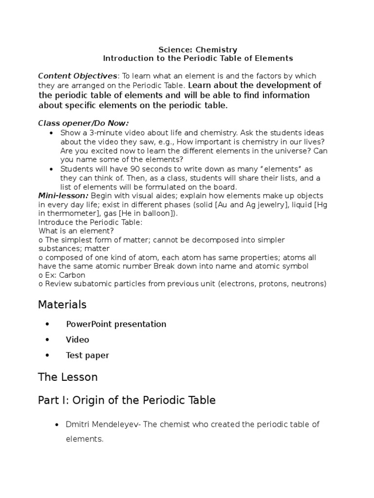 Chemistry Lesson Plan | PDF | Chemical Elements | Periodic Table