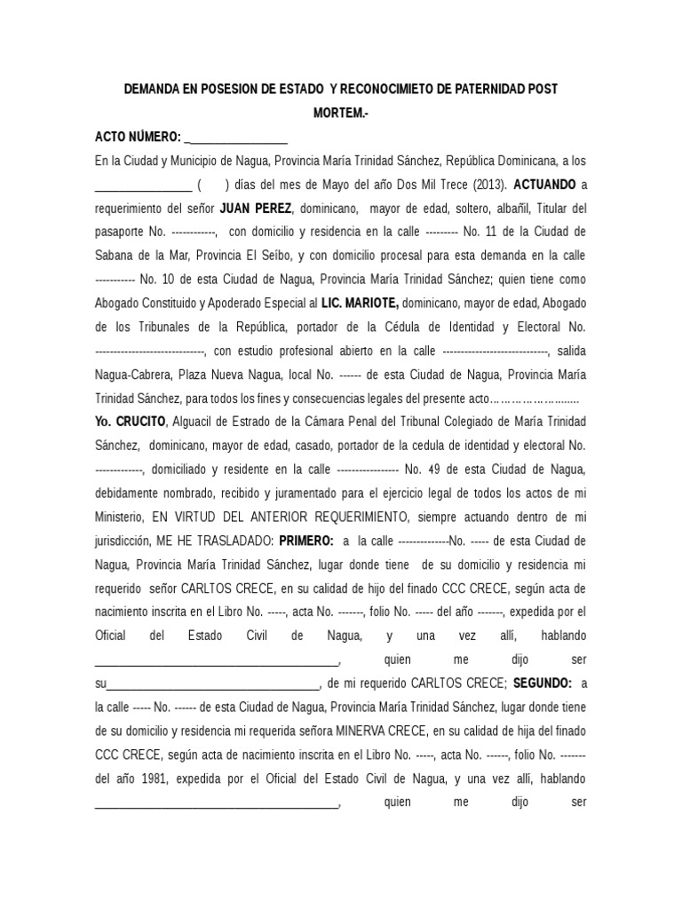 MODELO DEMANDA EN POSESION DE ESTADO Y RECONOCIMIETO DE PATERNIDAD POST ...