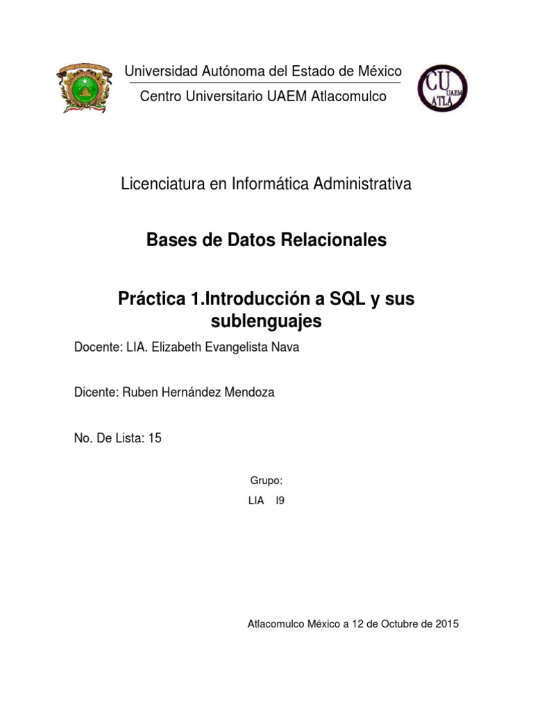 Práctica #1. Introducción a SQL y Sublenguajes | PDF | SQL | Tabla (base de datos)